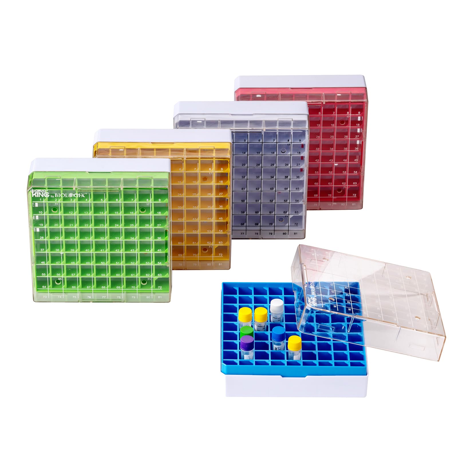 CryoKING 2in 81-Well PC Lab Freezer Box Cryo Boxes Cryogenic Storage Box, Assorted Colors Microtube Storage Box, 5 Pcs/Pack