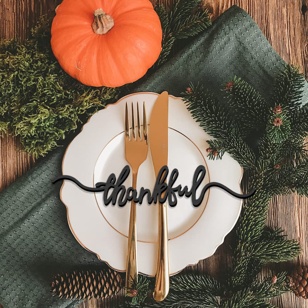 Thanksgiving Cutout Wood Table Place Card Thankful Grateful Blessed Gather Wood Word Table Decorations Fall Themed Thanksgiving Party Table Home Supplies (Black, 8)