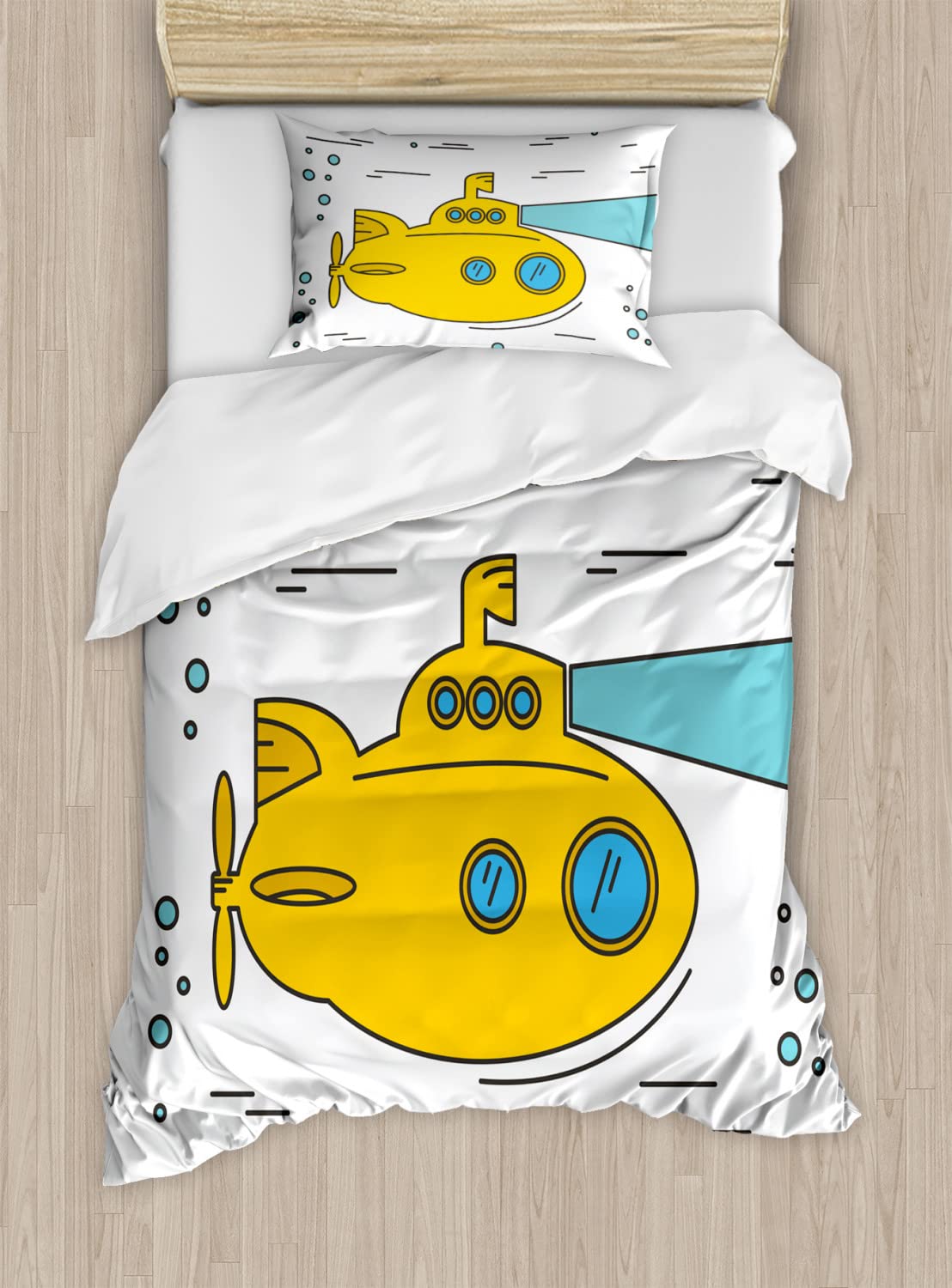 Ambesonne Yellow Submarine Duvet Cover Sets, Ocean Nautical Adventure Underwater Bubbles Porthole Cartoon, Bedding Set with 2 Duvet Covers 4 Pillowcases, 2 Pack Cal King Size, White Yellow Blue