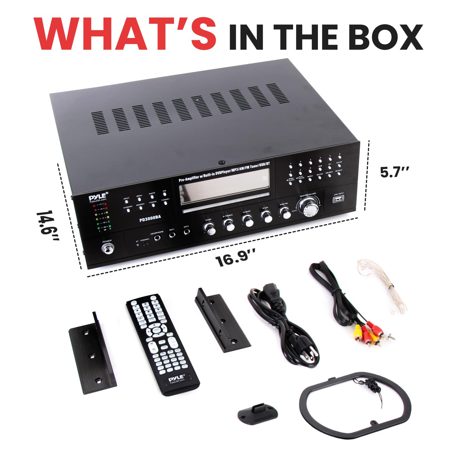 Dana Trading Pyle 4-Channel Home Theater Bluetooth Amplifier Receiver-3000 Watt Stereo Speaker Home Audio Receiver w/ Radio,USB,2 Microphone w/ Echo for Karaoke,CD DVD Player,LCD,Rack Mount-PD3000BT