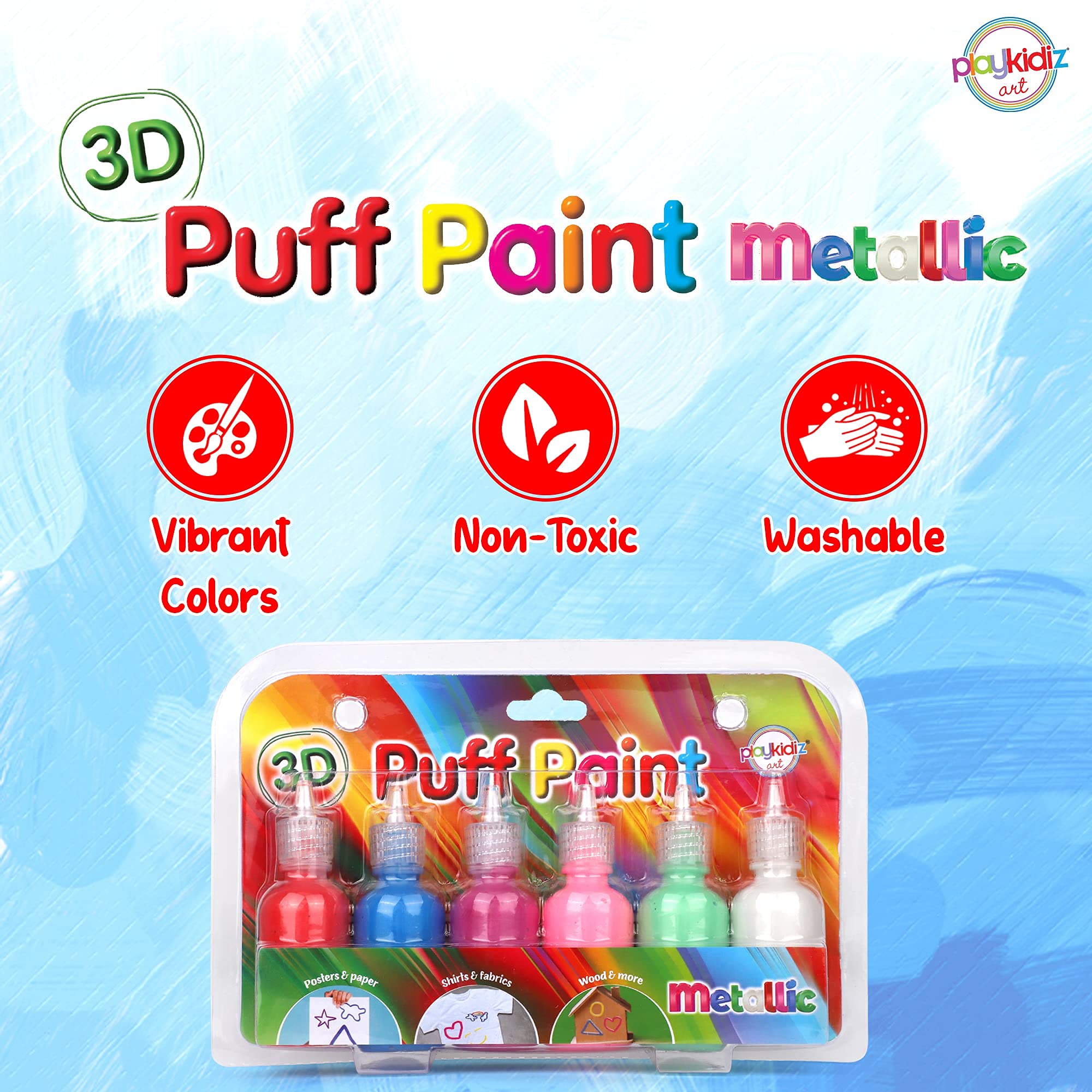 Playkidiz Puff Paint, 6 Pack 3-D Fabric Paint, Metallic Colors, Permanent Non-toxic Paint Set for Kids, Ages 3+