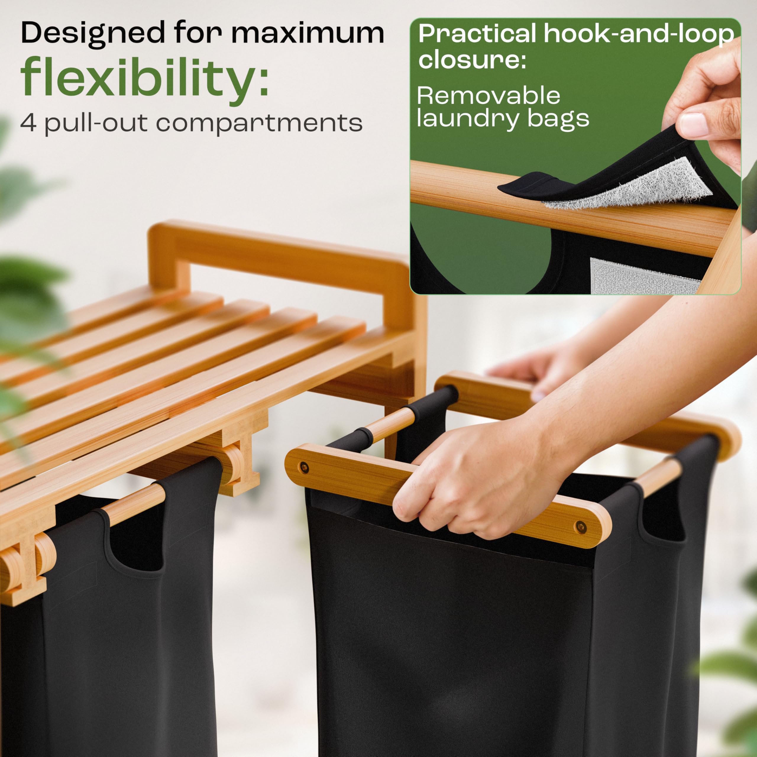 AMBIAVO Laundry Sorter with 4 Sections beige, Laundry Hamper with Removable Cotton Bags & Wheels โ Perfect Laundry Organizer - Eco-Friendly Rolling Laundry Basket โ Durable Bamboo and Stylish Design
