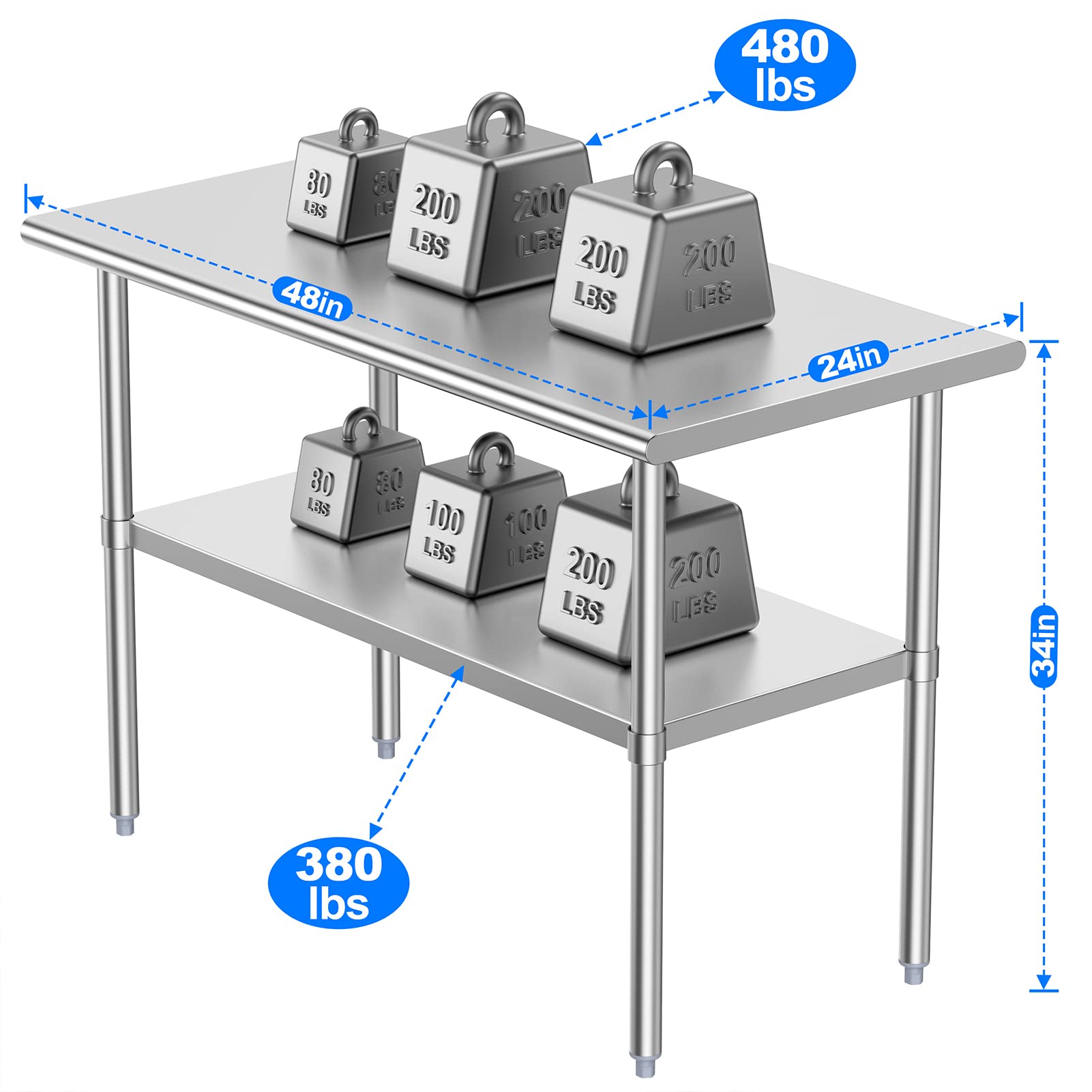 Atronor Stainless Steel Table for Prep & Work, NSF Metal Commercial Heavy Duty Table with Adjustable Under Shelf and Foot for Restaurant, Home and Hotel (24x48in)