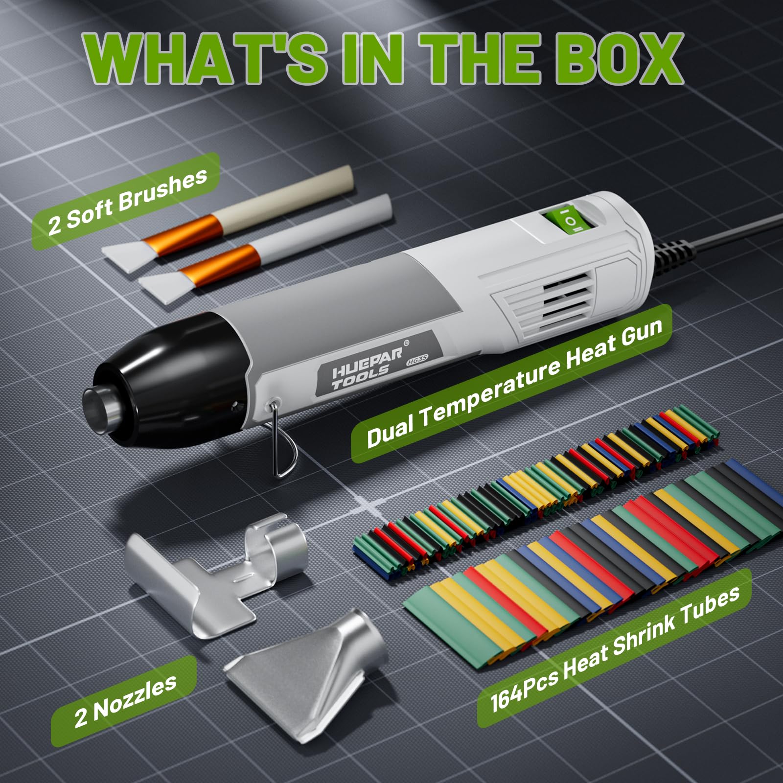 Mini Heat Gun for Christmas Gifts and Christmas Decorations, Huepar Tools 446°F/752°F Dual Temperature Heat Gun Tool, Includes 164PCS Heat Shrink Tubing, 2 Silicone Brushes and 2 Nozzles