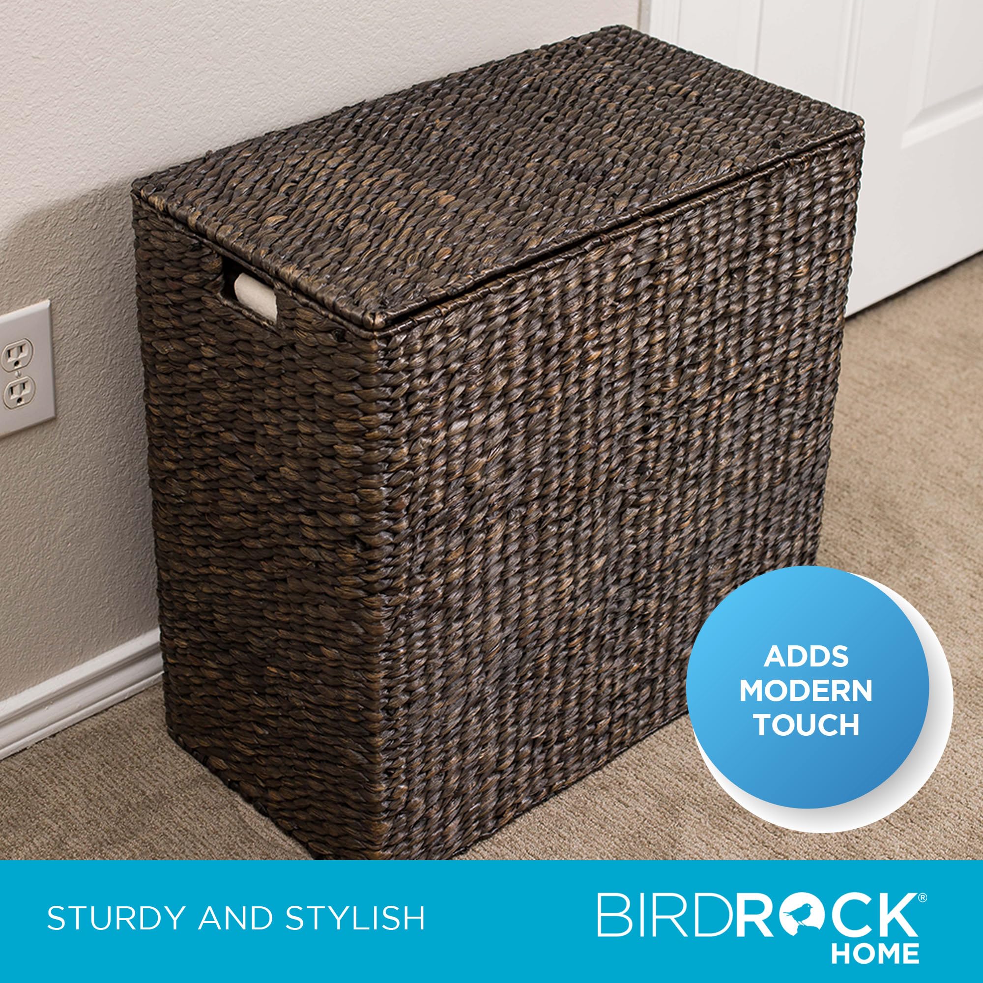 BIRDROCK HOME Handwoven Double Laundry Hamper | Removable Liner Bags | Laundry Basket with Lid - College Dorm Room Essentials, Bathroom, Bedroom, Home Clothes Storage, Organization | Espresso