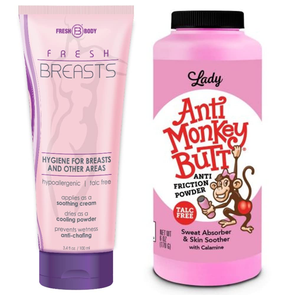Ladies No Sweat Bundle: Lady Anti-Monkey Butt Powder (6oz) and Fresh Breasts Lotion, The Solution for Women (3.4 OZ tube)