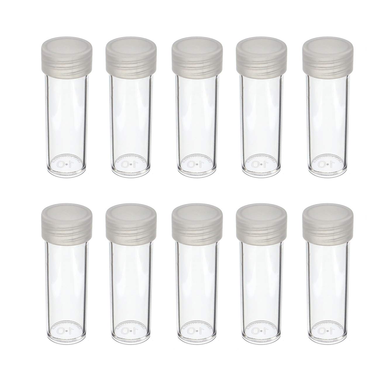 COIN STORAGE TUBES, round clear plastic w/ screw on tops for DIMES (Quantity of 10 tubes)