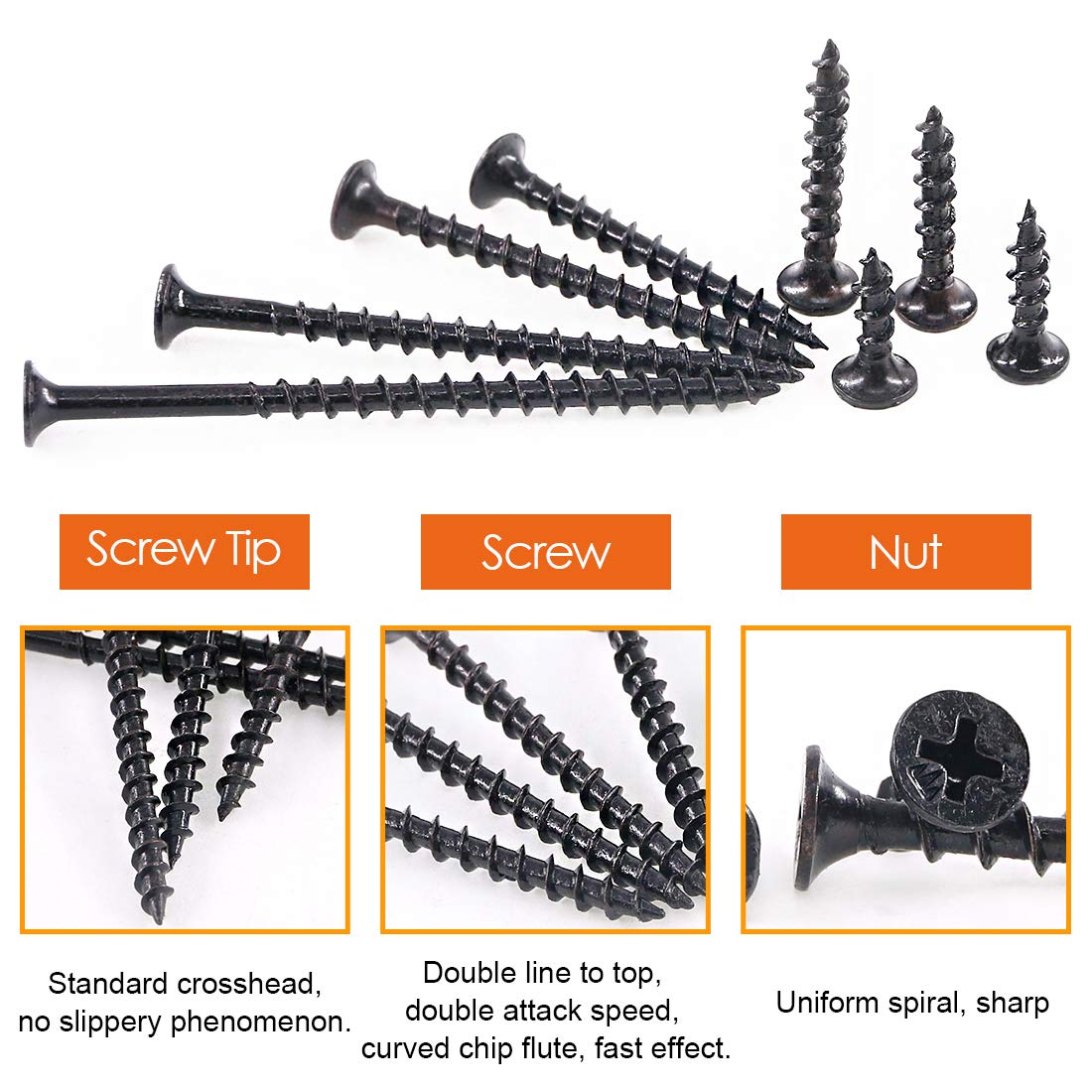 Rustark 390-Pcs #7 Coarse Thread Drywall Screw with Phillips Drive Black Oxide Finsh Bugle Head Wood Screws Assortment Kit Ideal for Drywall Sheetrock