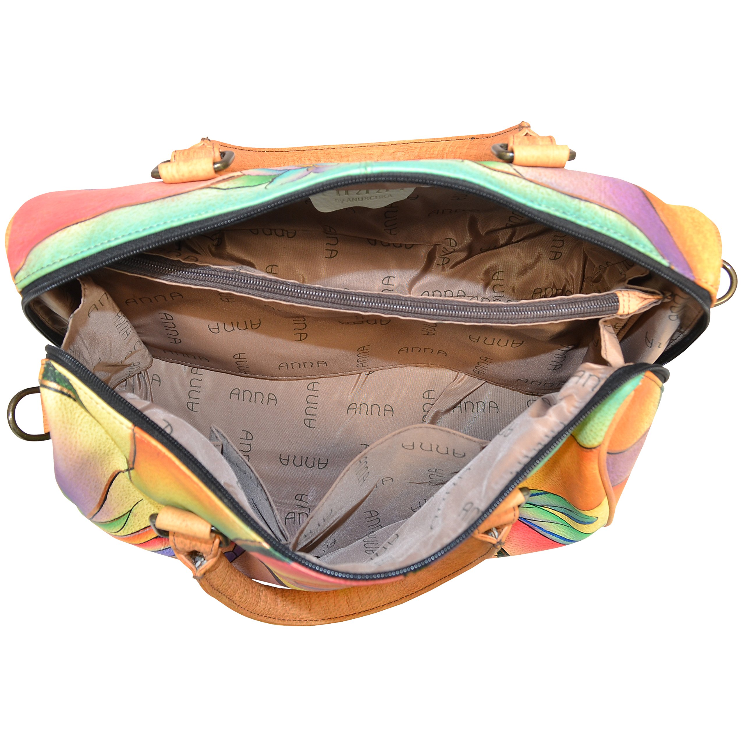 Anna by Anuschka womens Genuineleather Zip Around Satchel Handbag Genuine Leather, Dragonfly Glass Painting, No Size US