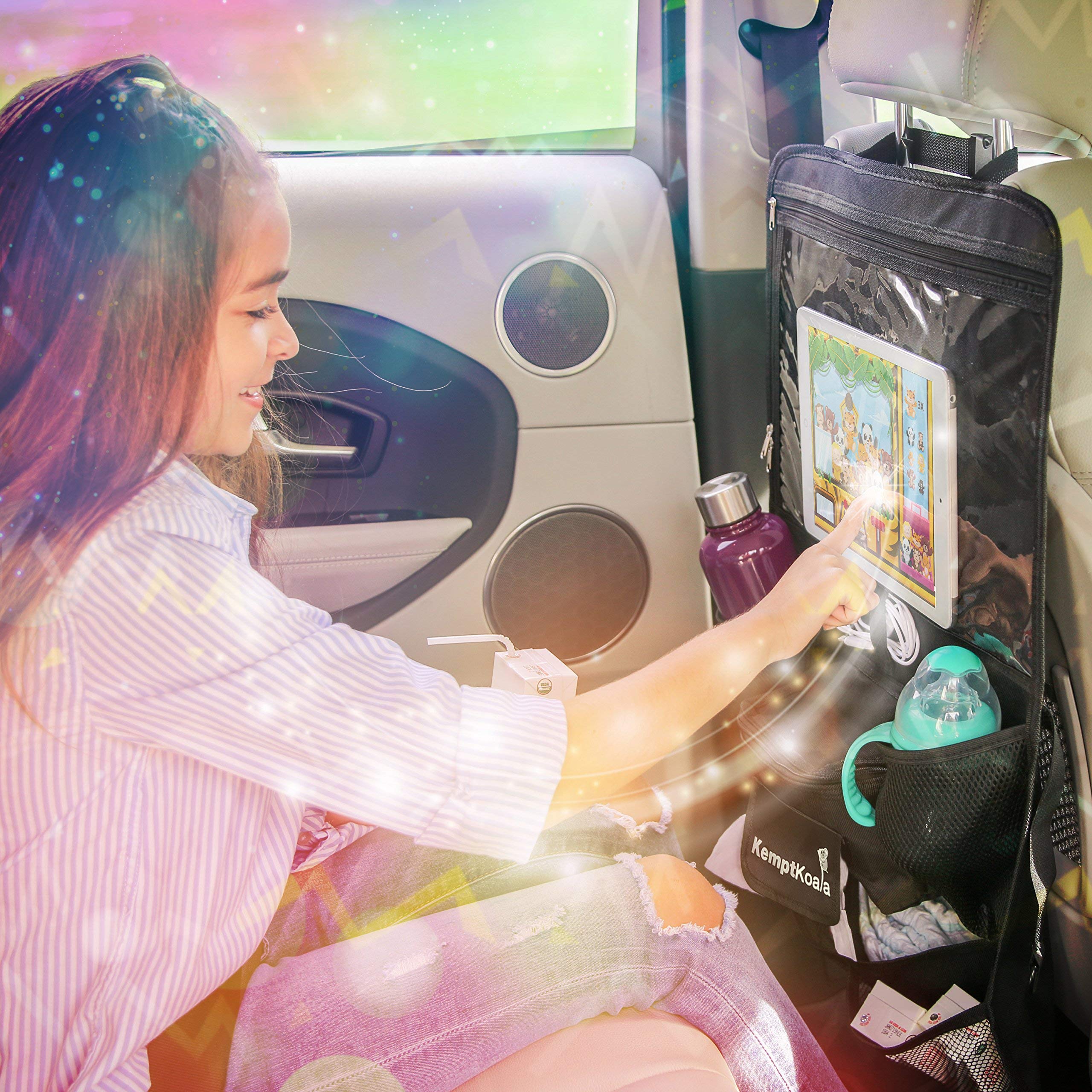 KemptKoala Ultimate Car Backseat Organizer w/Touch Screen Friendly 17” Tablet Pocket & Cup Holder – #1 Guaranteed Back Seat Car Organizer for Kids w/Handy Pockets for Wipes, Toys etc. Size: Large
