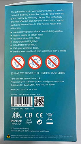 Pursonic S750 Sonic Toothbrush (White) — Smart Series Electronic Power Rechargeable Battery Toothbrush — Electronic Toothbrush for Adults — 12 Bonus Brush Heads — Rechargeable Toothbrushes for Adults