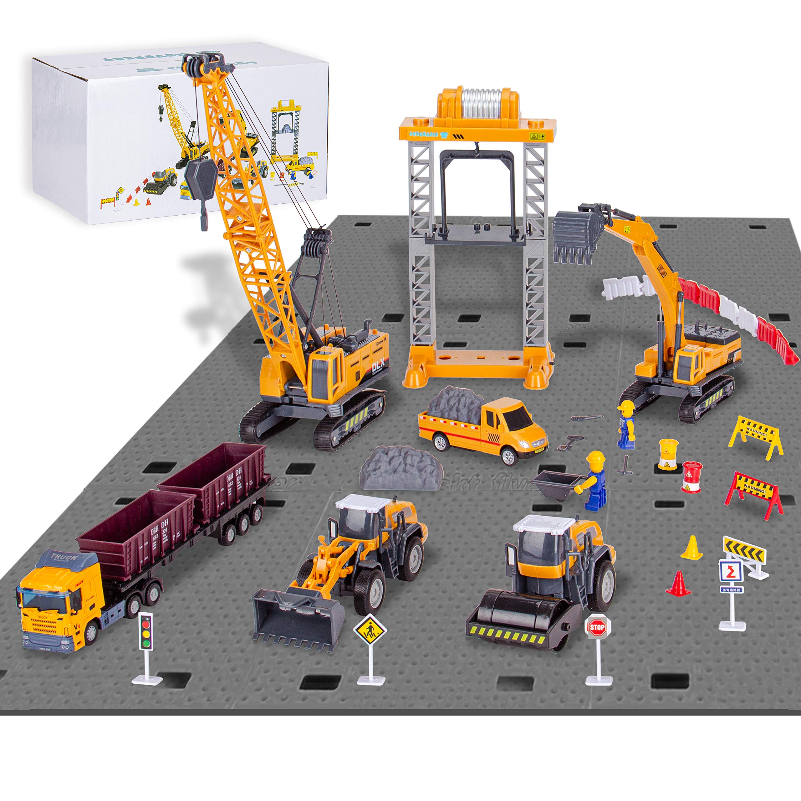 CloverCat Construction Toys for Kids - Toy Construction Vehicles Playset with Excavator, Tractor Truck, Backhoe, Crane, Dump Trucks - Great Birthday Gift for 3 4 5 Year Old Boys & Toddlers (Set 3)