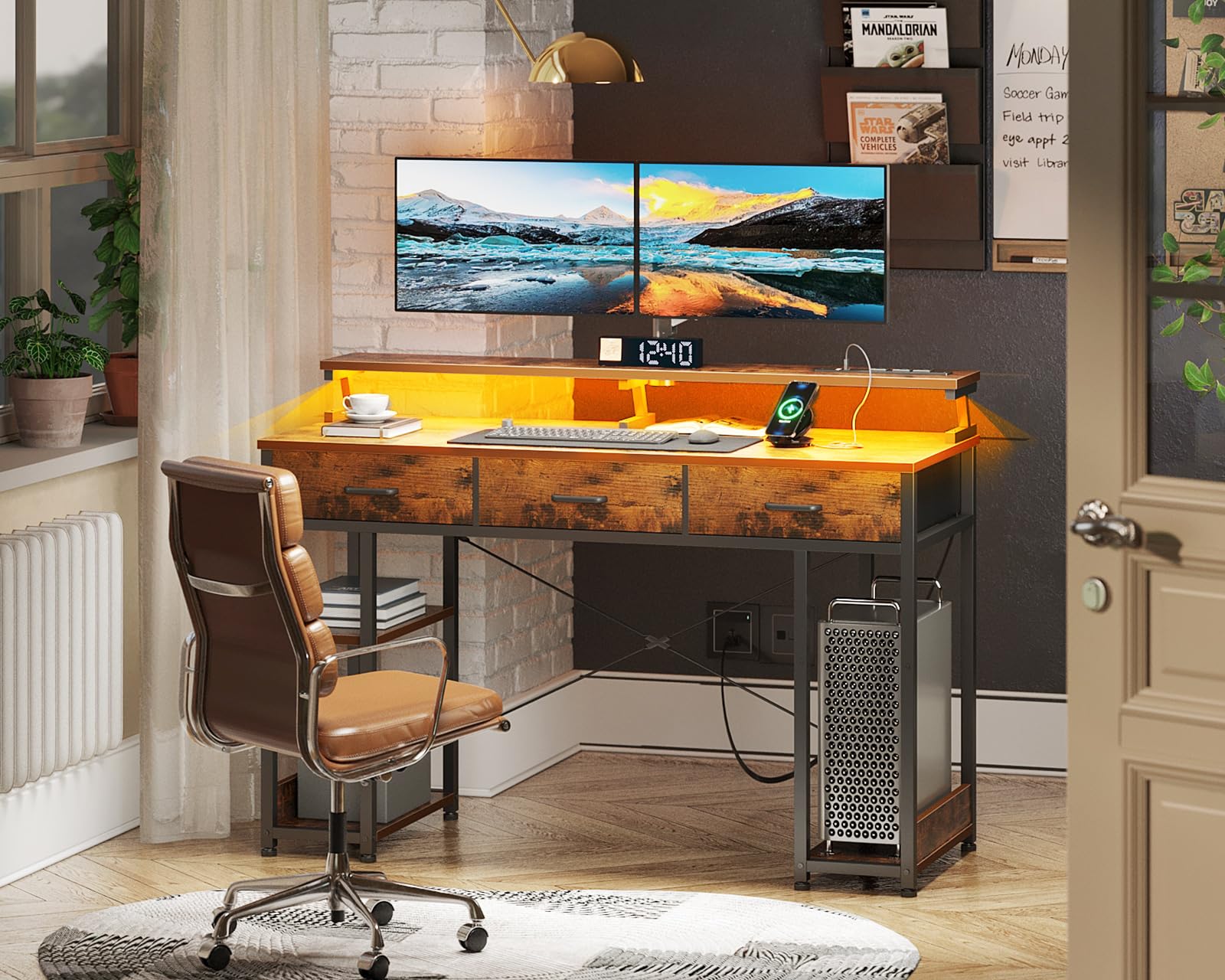 AODK 48 inch Computer Desk with 3 Drawers, Gaming Desk with LED Lights & Power Outlets, Home Office Desk with Storage Shelves & Monitor Stand, Modern Work Study Writing Table for Small Spaces, White