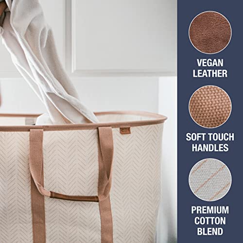 CleverMade Collapsible Laundry Basket, Premium Large Foldable Clothes Hamper, Laundry Tote Carry All Bin XL Pop-Up Caddy with Handles, 2 Pack, Cream Herringbone