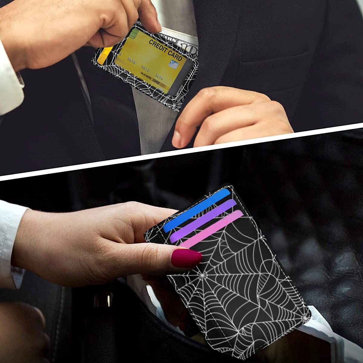susiyo White Spider Web Slim Minimalist Wallets Rfid Blocking Card Wallets PU Leather Front Pocket Wallets for Men and Women