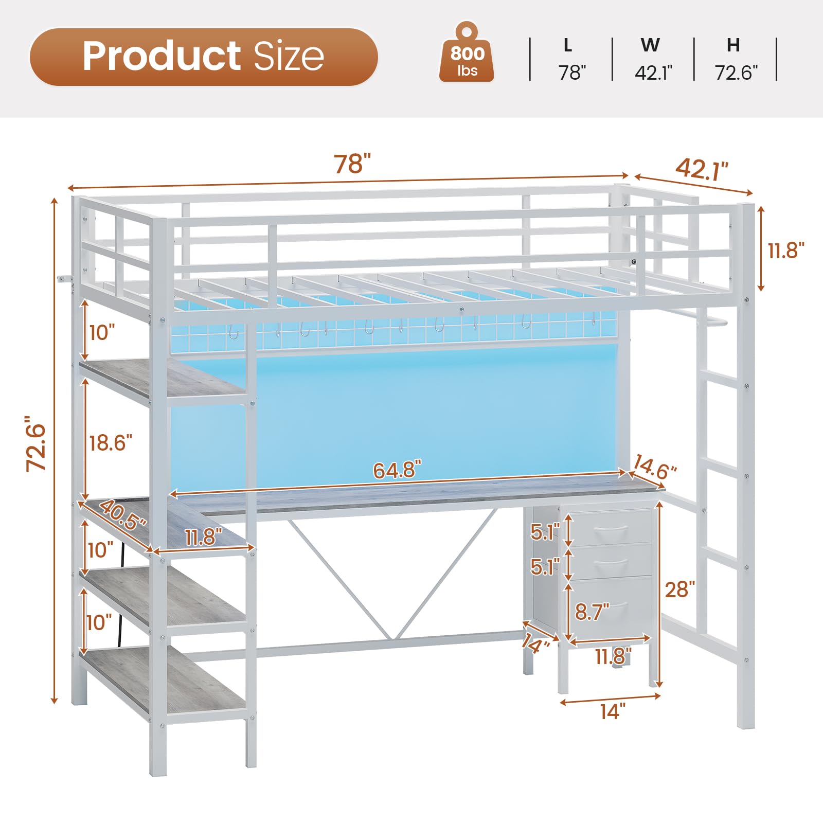 AOGLLATI Loft Bed Twin Size with L-Shaped Desk, Charging Station, LED Lights, Twin Metal Loft Bed Frame with 4 Storage Shelves,3 Fabric Drawers and Clothing Rail,No Box Spring Needed, White