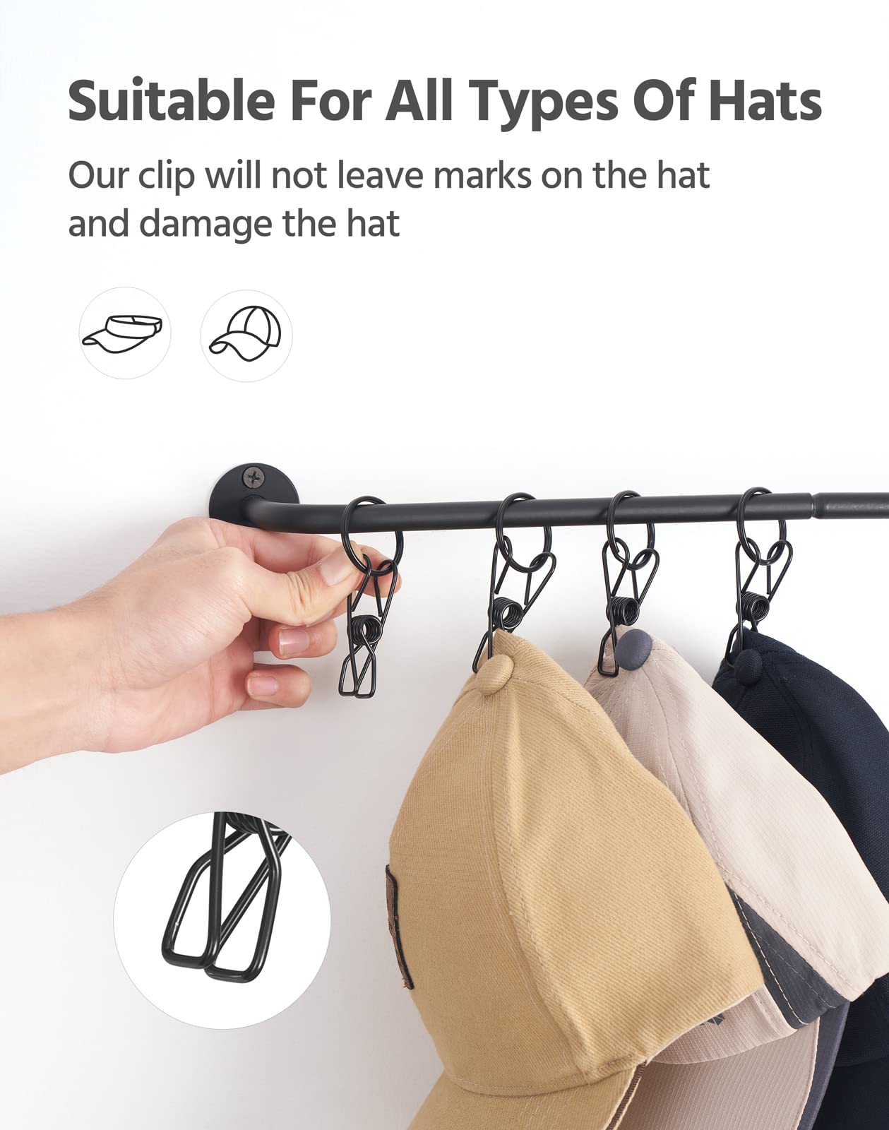 Mkono Hat Rack for Wall Baseball Cap Organizer Holder with 20 Clips Modern Metal Hat Storage Display Hanger Wall Mount Cowboy Hat Hooks Rack for Closet Bedroom Entryway, Set of 2