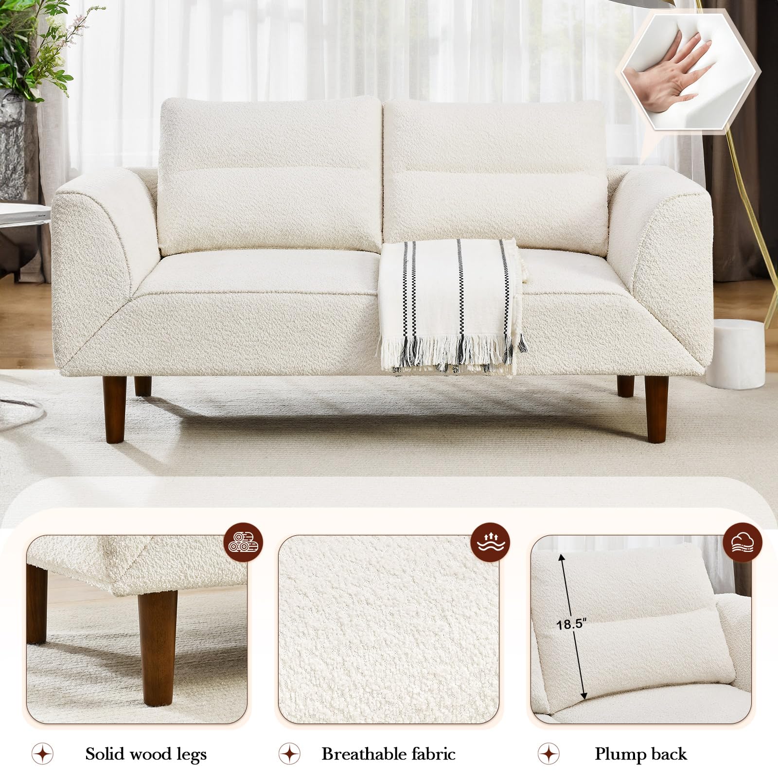 Antetek Loveseat Sofa with Adjustable Armrests, 64β Modern Futon Sleeper Sofa Bed w/Wooden Leg, Textured Boucle Comfy Love Seat Couches for Small Space, Livingroom, Apartment, Beige