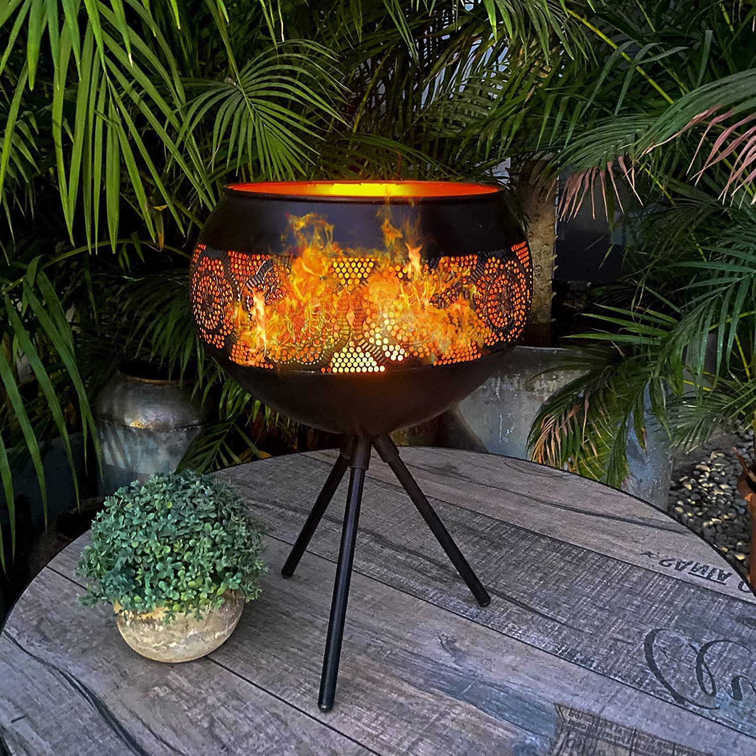 Larekook Outdoor Lantern Flickering Flame Light Solar Floor Lamp Waterproof Retro Lantern Metal Brazier Light Decor for Yard Patio Garden (Auto On/Off)