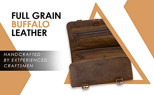KomalC Premium Buffalo Leather Hanging Toiletry Bag Travel Dopp Kit (Distressed Tan)