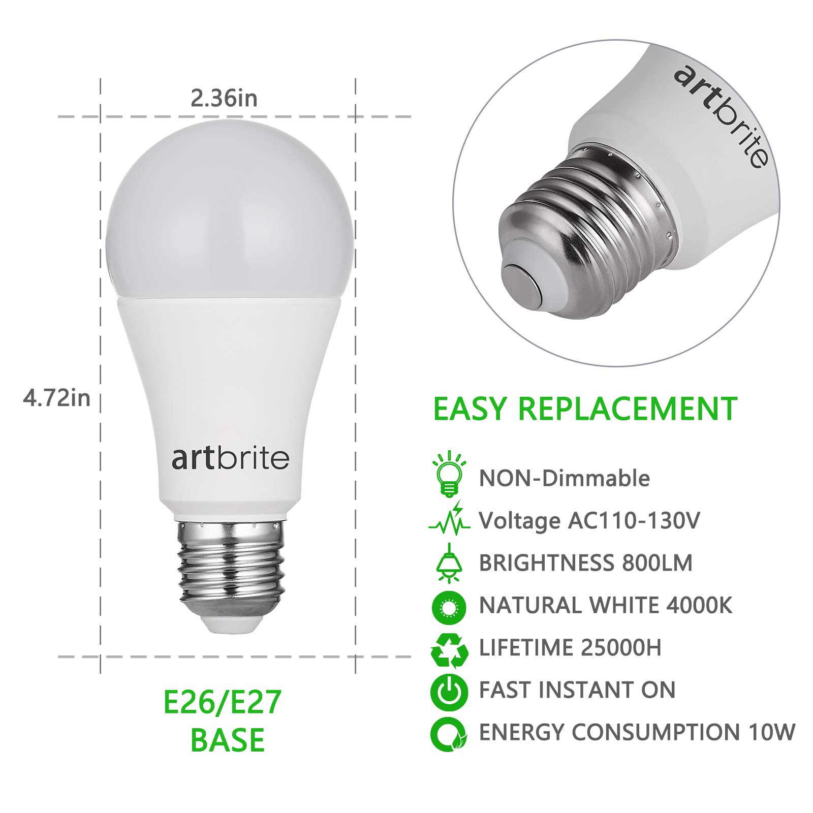artbrite 2 Pack Dusk to Dawn Light Bulbs, Light Sensor Bulb 60W Equivalent, Outdoor Light Bulb 4000K, A19 LED Bulb 800LM, Auto On/Off Porch Light, E26 Base for Garage