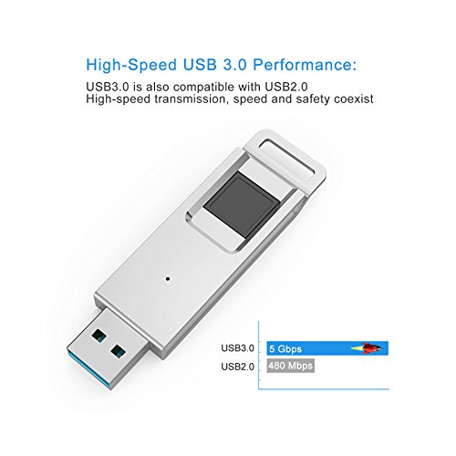 KOOTION 64GB High Speed Recognition Fingerprint Encrypted Flash Drive USB3.0 Drive Memory Stick, Silver