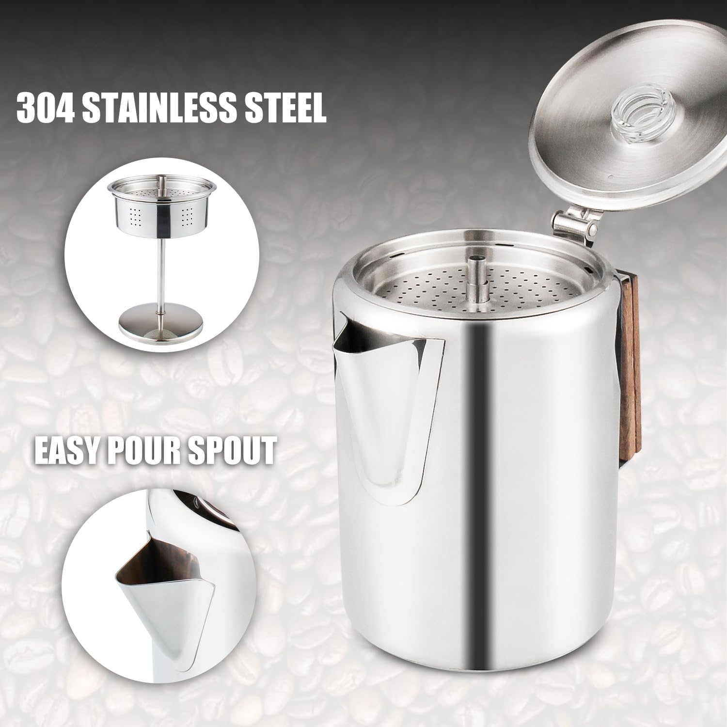 APOXCON Multi Use Coffee Percolator Using On Indoor Induction Cooktop, Electric Stove, Outdoor Campfire Stovetop, Camping Coffee Pot with Glass Knob Top 9 Cup