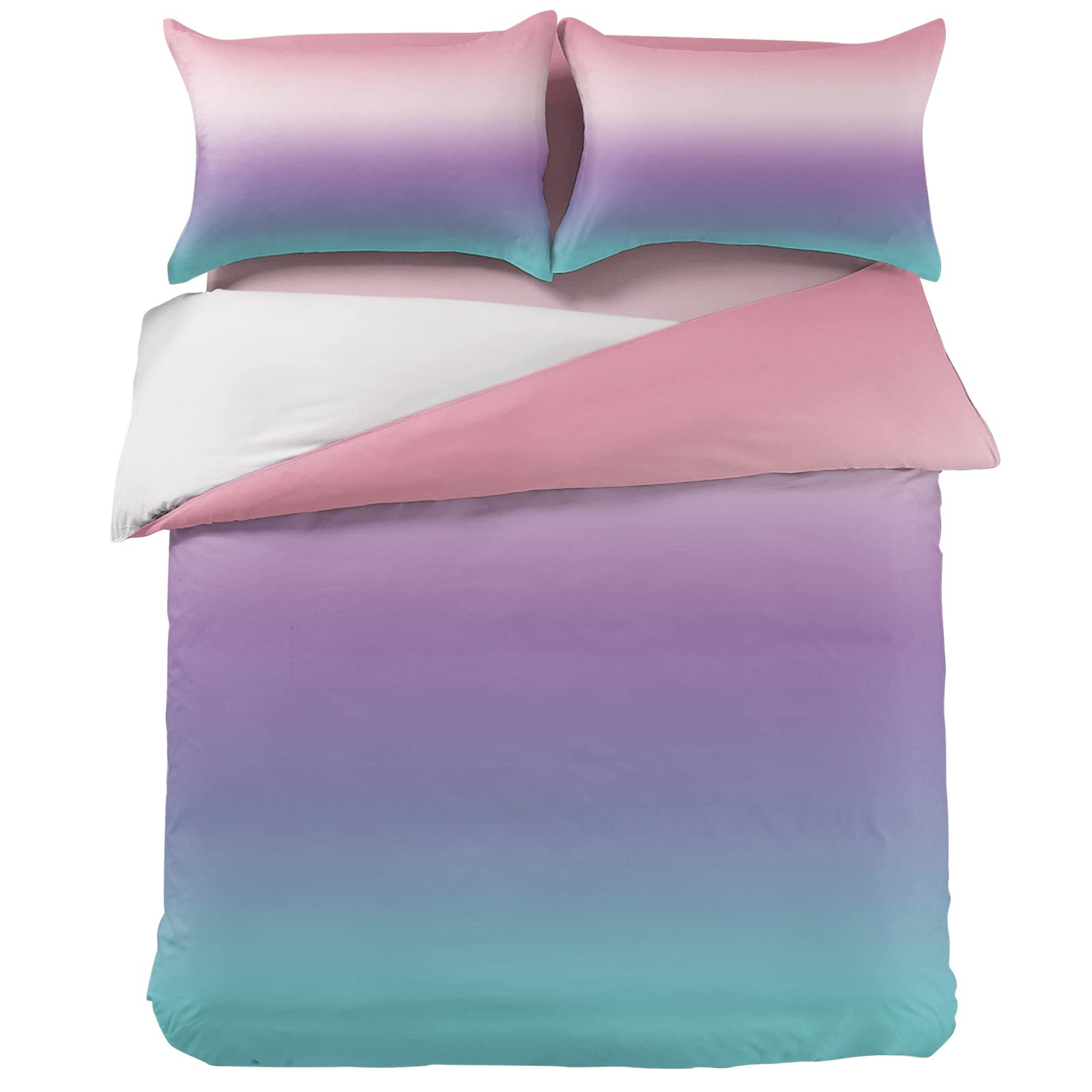Chucoco Full Duvet Covers Set Pink Purple Teal Color Gradient 4 Pcs Bedding Sets Brushed Microfiber Quilt Covers Lightweight Cozy Flat Sheet with 2 Pillowcases Ombre Colored Abstract Art