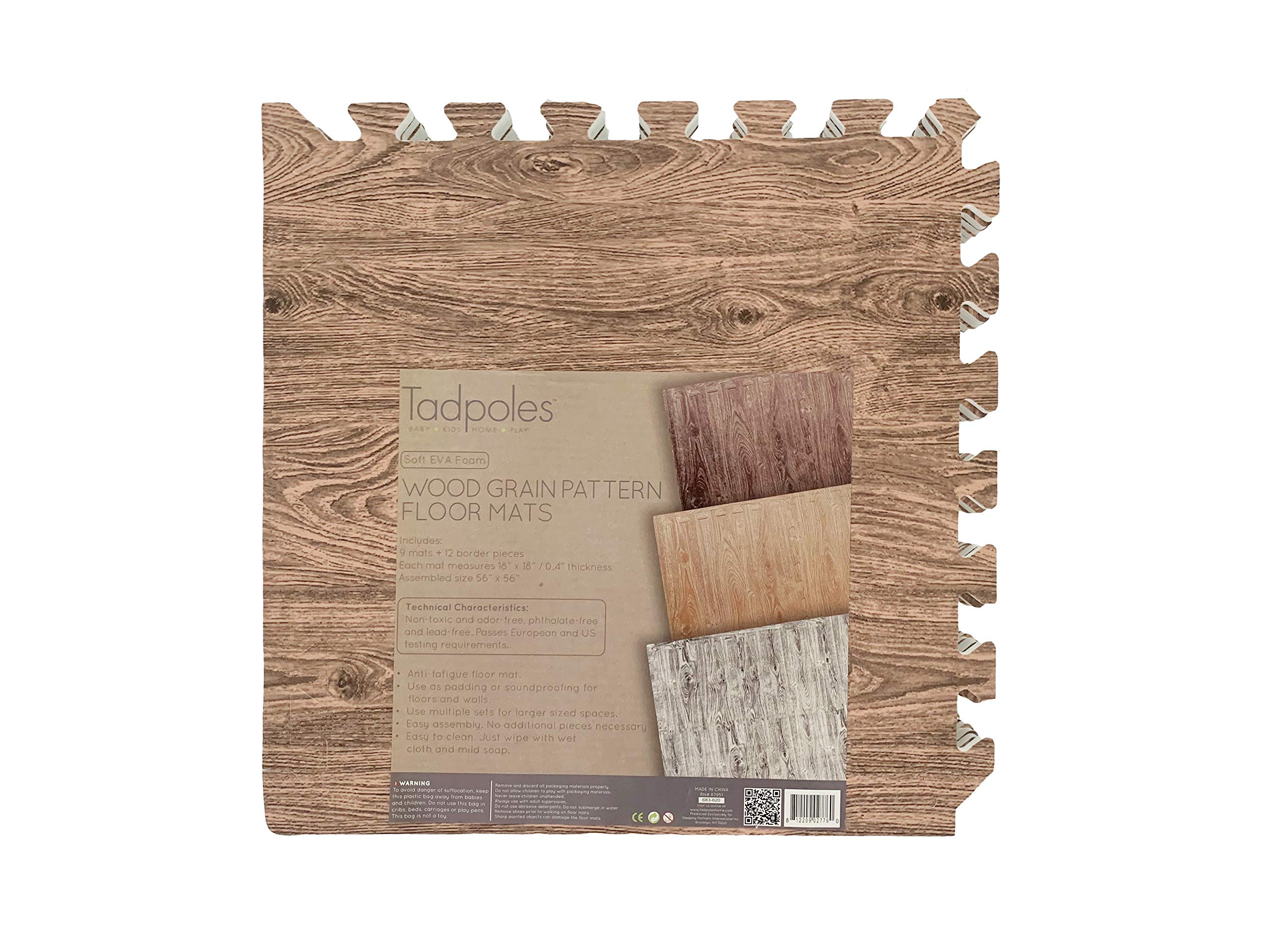 Tadpoles Natural Wood Grain Playmat Set, 9 Interlocking Foam Mats with 12 Border Pieces, Soft and Durable | Total Floor Coverage 56” x 56” | for Kids and Adults | Cherry Wood Print