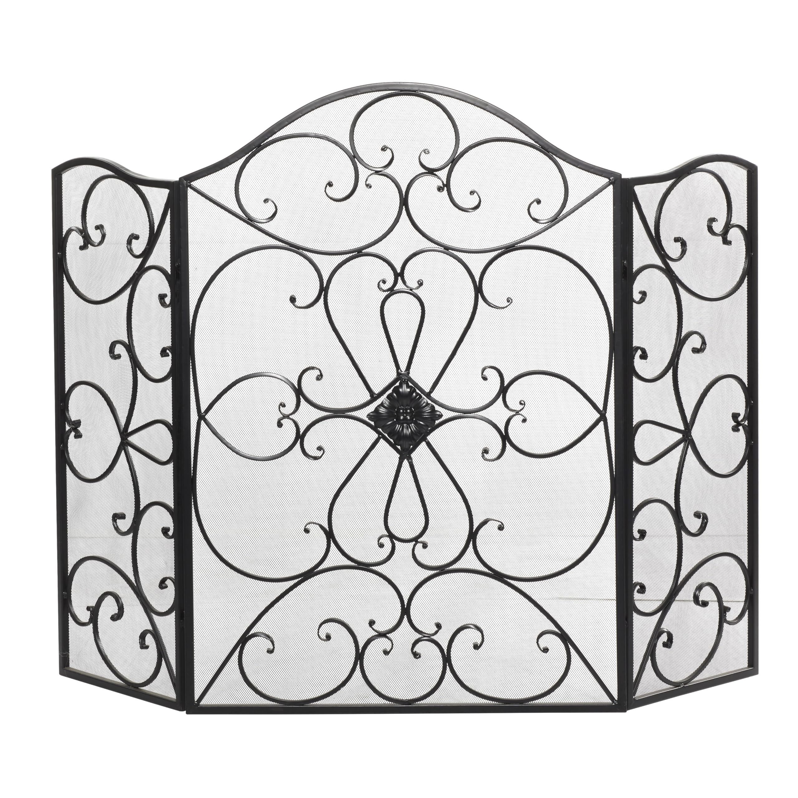 Deco 79 Metal Scroll Foldable 3 Panel Fireplace Screen with Mesh Netting, 49" x 1" x 36", Black