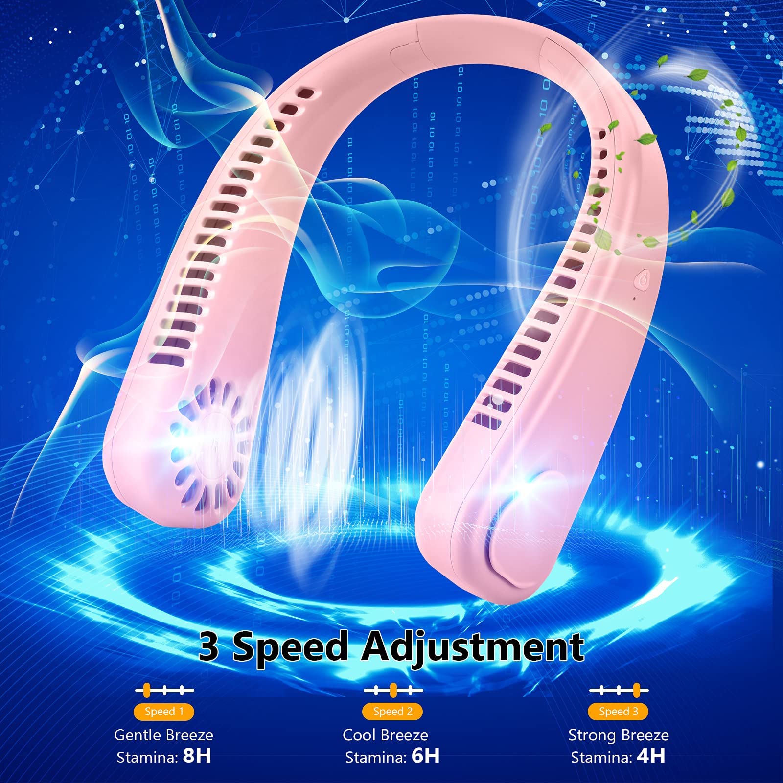AuDafu,Personal Fans,Portable Neck,Bladeless Rechargeable Fan,USB Powered Fan,3 Speeds,(Pink)