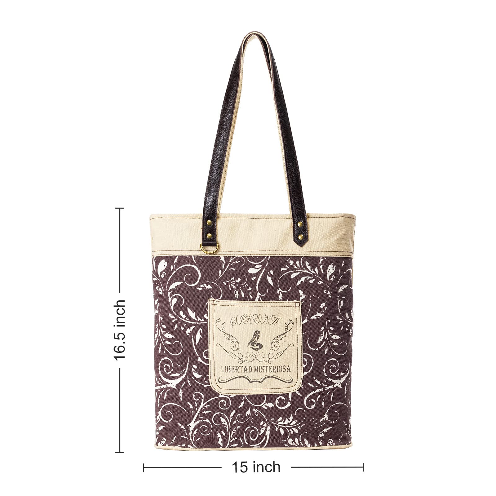ANNGOTI Canvas & Cowhide Tote Bag for Women, Vintage Style Handmade Print Handbag with Zipper Top & Internal Pockets