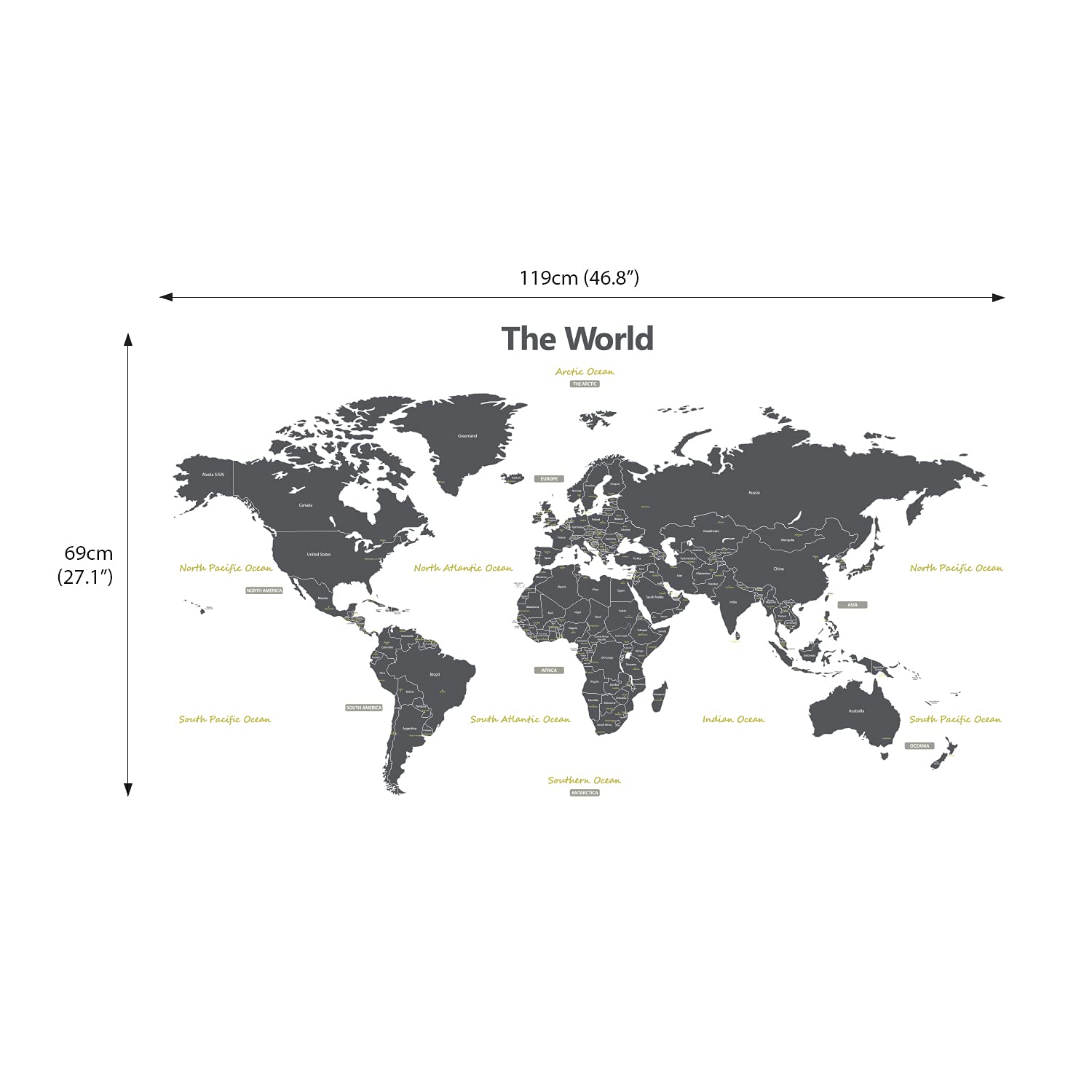 DECOWALL DL2-1509G Large Modern Grey World Map Kids Wall Stickers (46x27 inch) Wall Decals Peel and Stick Removable Wall Stickers for Kids Nursery Bedroom Living Room Decor