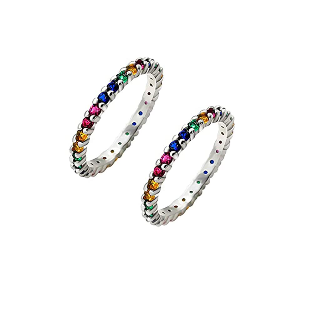 Artever Eternal Rainbow Ring Women's Wedding Ring Sterling Silver CZ Stone Stackable Ring Multi Color Gem Eternal Ring (Size 6/2 Pieces)