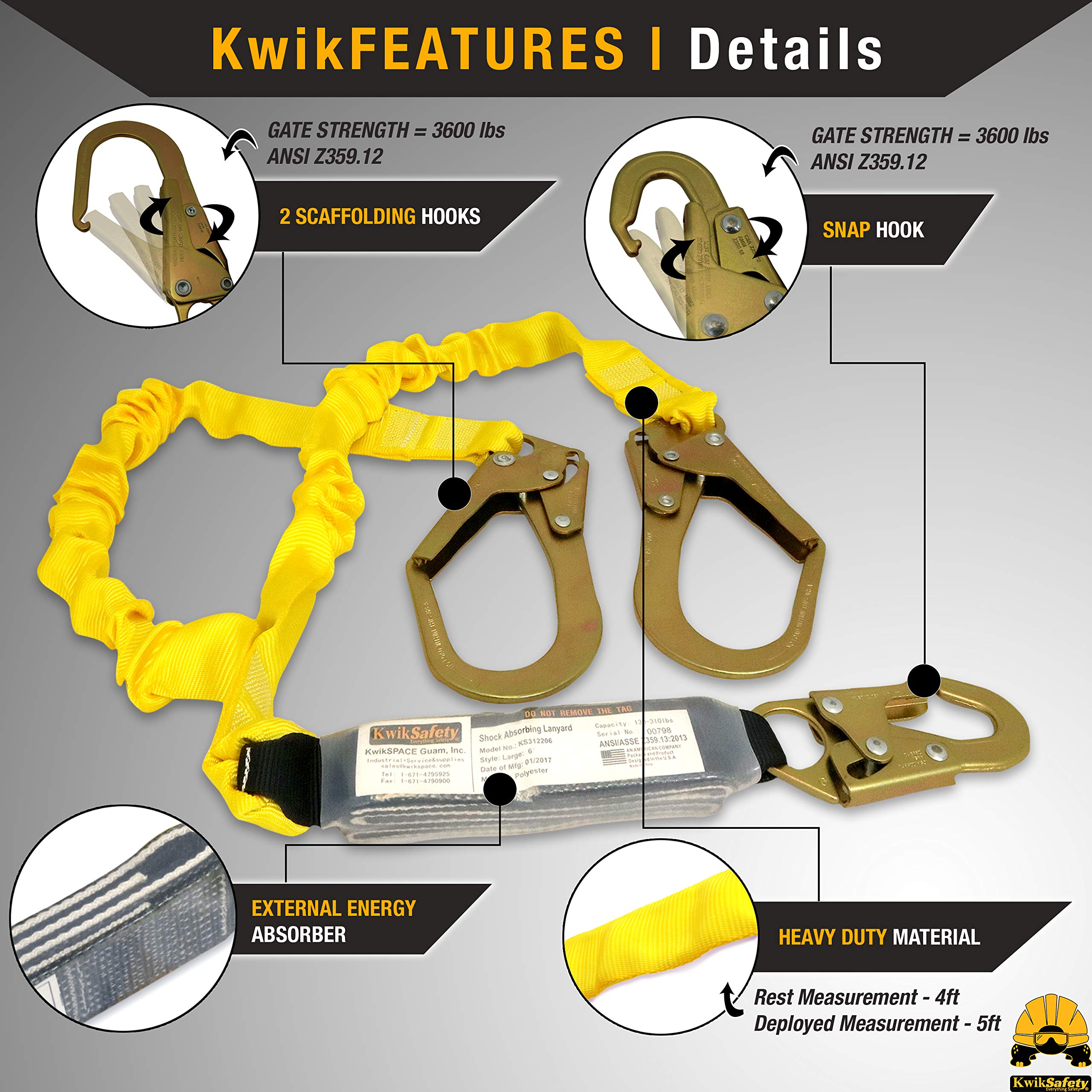 KwikSafety - Charlotte, NC - PYTHON [External Shock Absorber] Double Leg 6ft Safety Lanyard OSHA ANSI Fall Protection Restraint Equipment Snap Rebar Connectors Construction Arborist Roofing