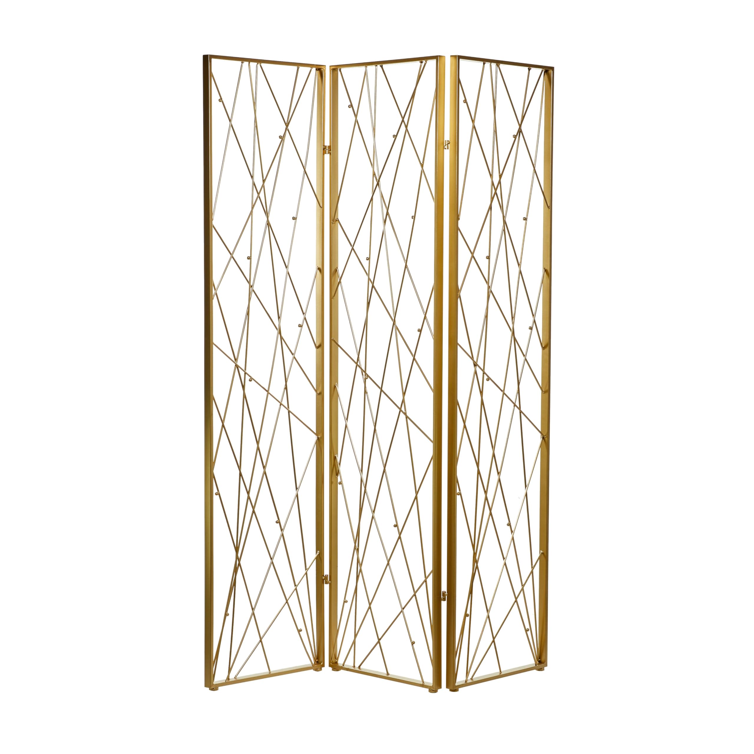 Deco 79 Metal Abstract Partition Room Divider Screen Foldable Partition Wire Rod 3 Panel Privacy Screen with Small Ball Accents, Room Partition 59" x 2" x 79", Gold