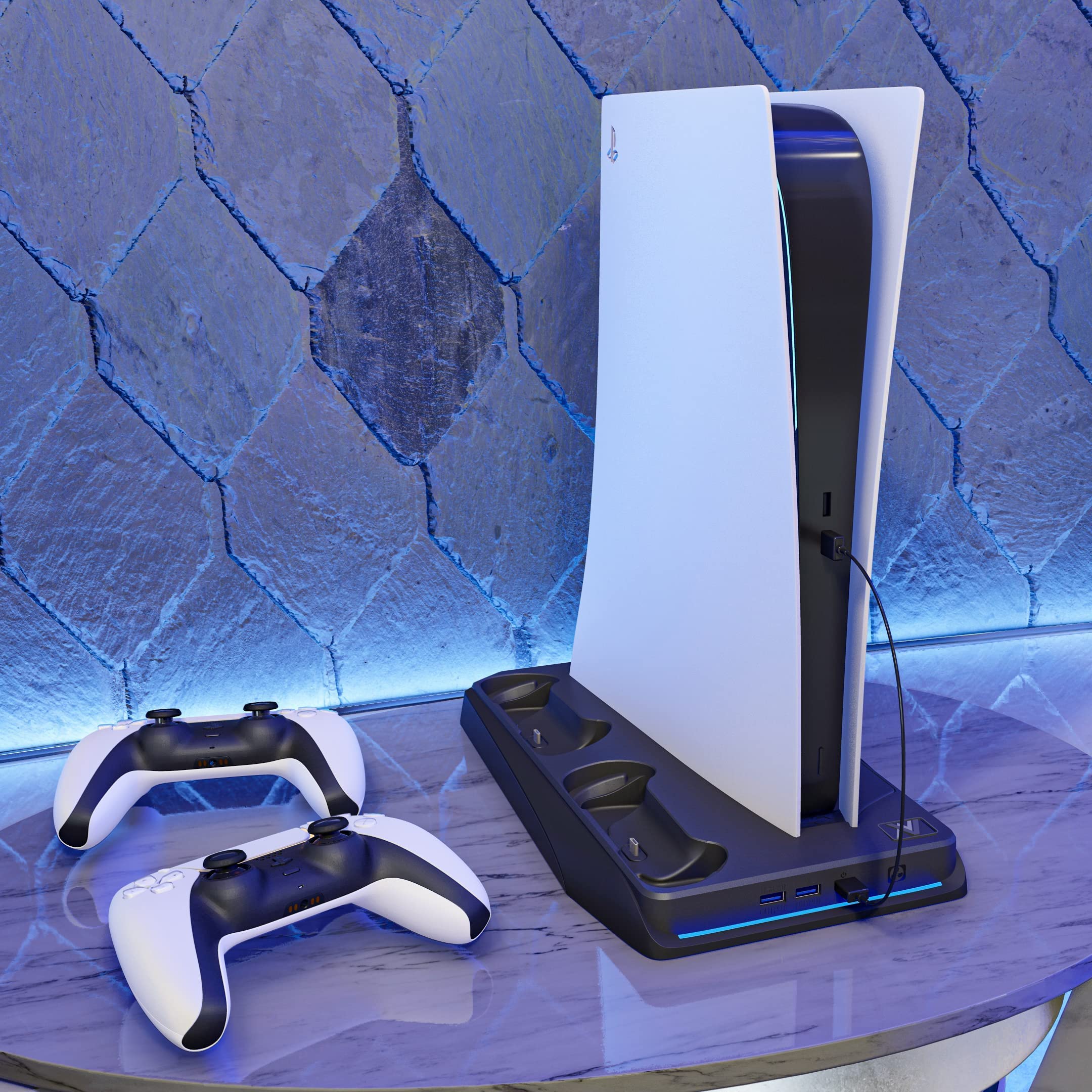 Q-View Vertical Stand for use with PlayStation 5, 4 in 1 Docking Station, Controller Charger, Cooling Fan and Games Storage Tray Compatible with PS5 Console, Disk and Digital Version