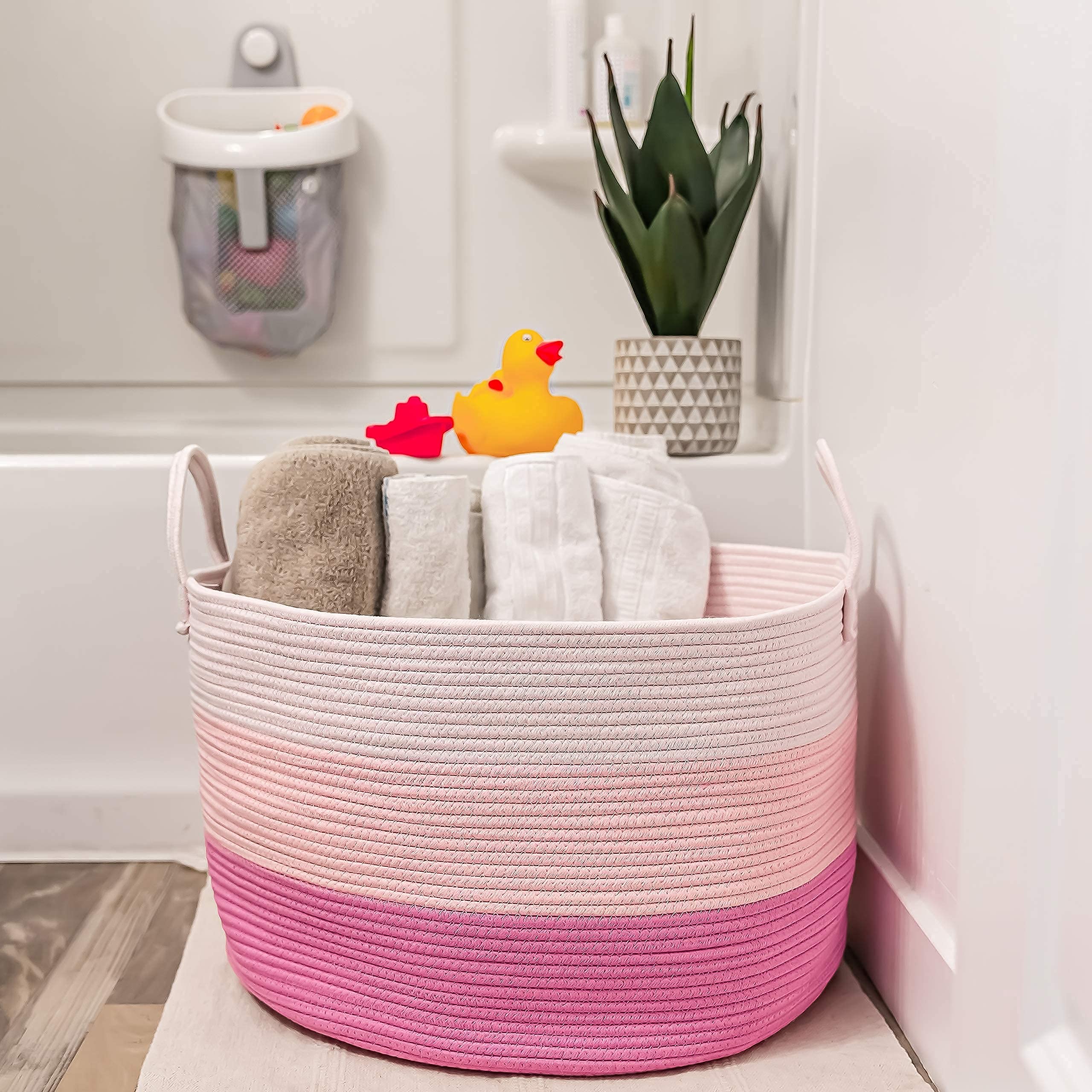 OrganiHaus Pink Baby Laundry Baskets for Organizing 20x13, Extra Large Basket for Blankets, Storage Basket for Living Room, Nursery Laundry Hamper, Cotton Rope Basket, Woven Laundry Basket