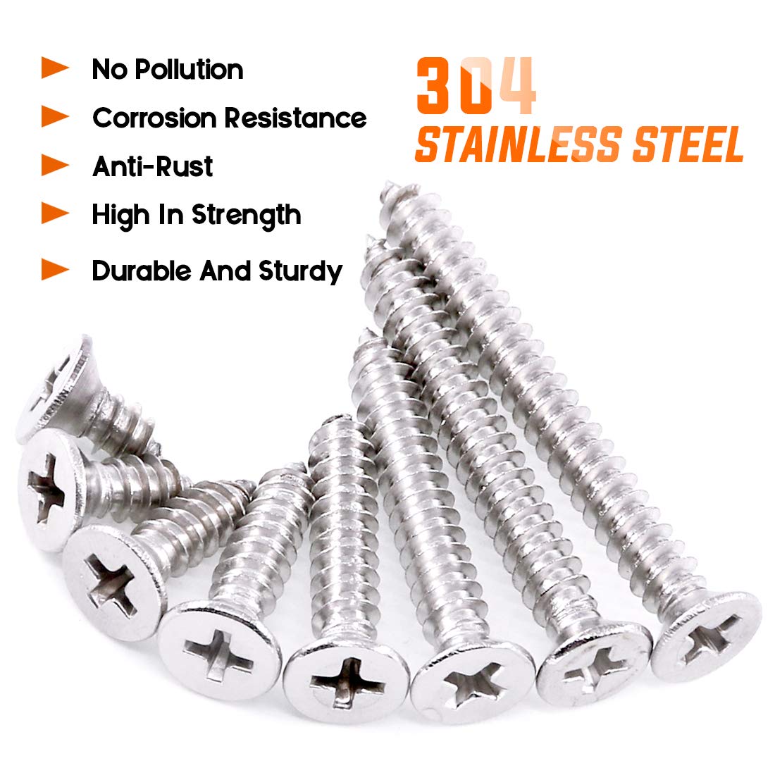 Rustark 150Pcs M5 [10-45mm] 304 Stainless Steel Flat Head Phillips Cross Wood Screw Self Tapping Drilling Screws Assortment Kit