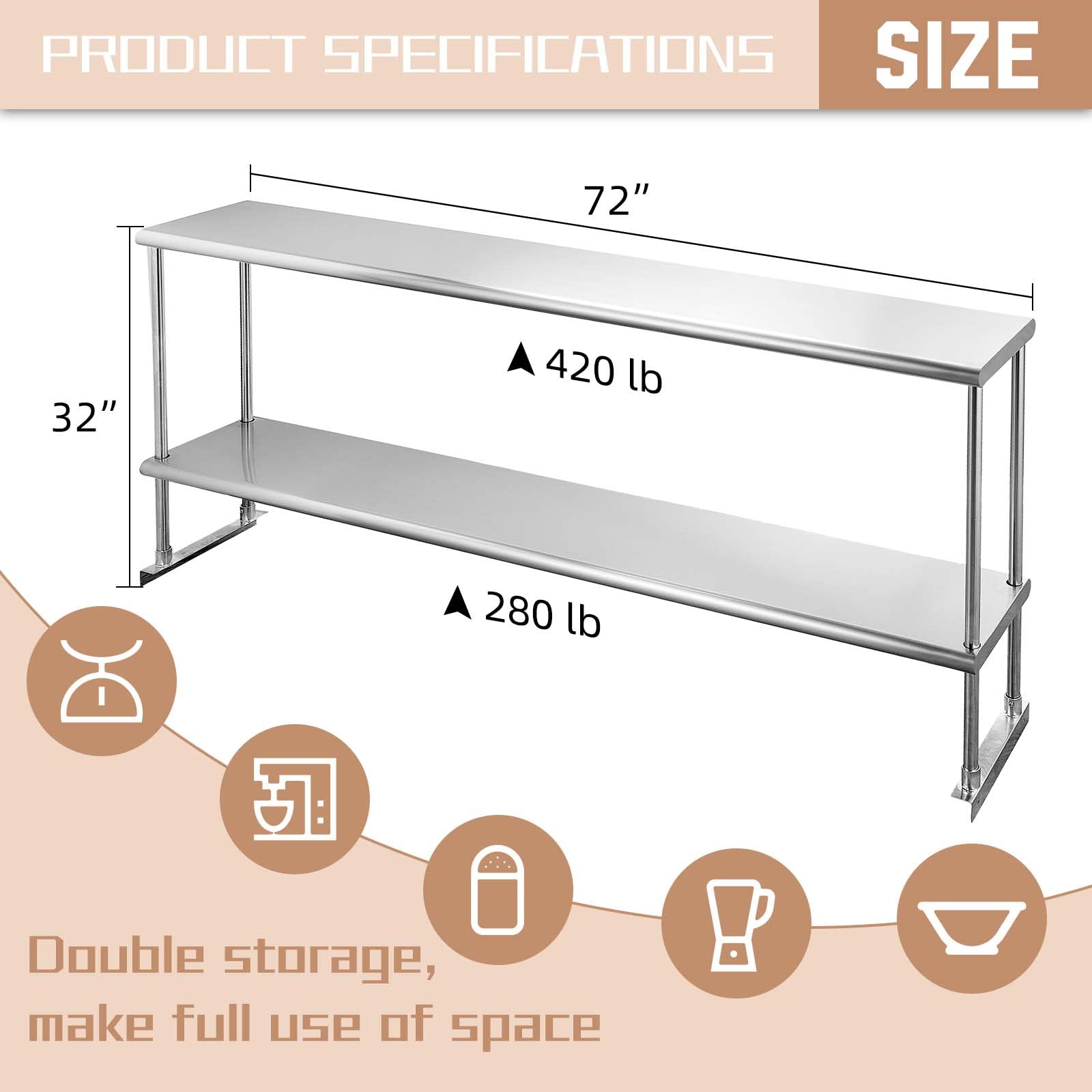 HALLY Double Overshelf of Stainless Steel 12'' x 72'' Weight Capacity 420lb, Commercial 2 Tier Shelf for Prep & Work Table in Restaurant, Home or Kitchen