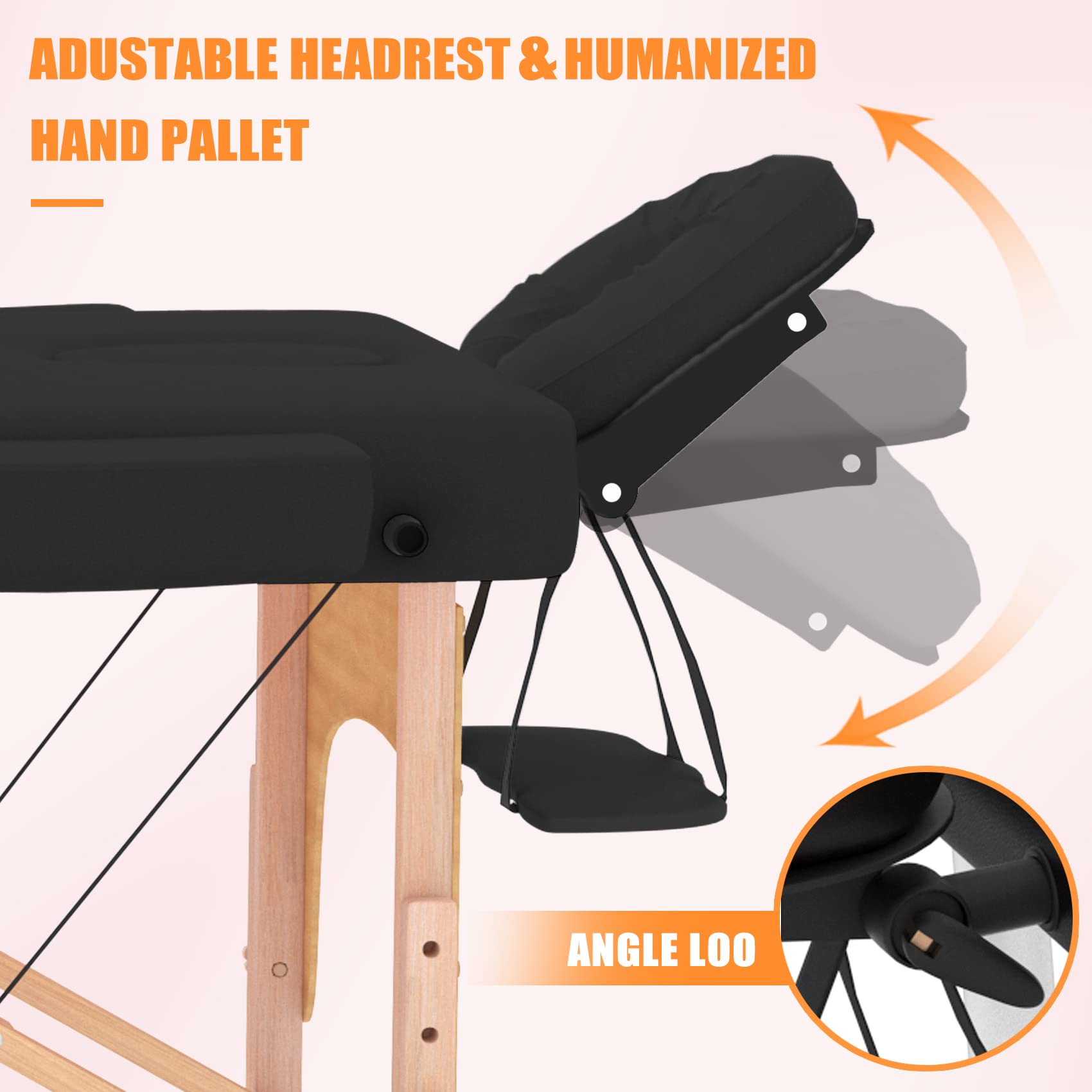 Aufvolr Professional Massage Table with Carrying Case, 84" Portable 2 Wooden Folding Massage Bed, Spa Bed Adjustable Height Salon Bed Face Cradle Bed Tattoo Bed Lash Bed for Eyelash Extensions