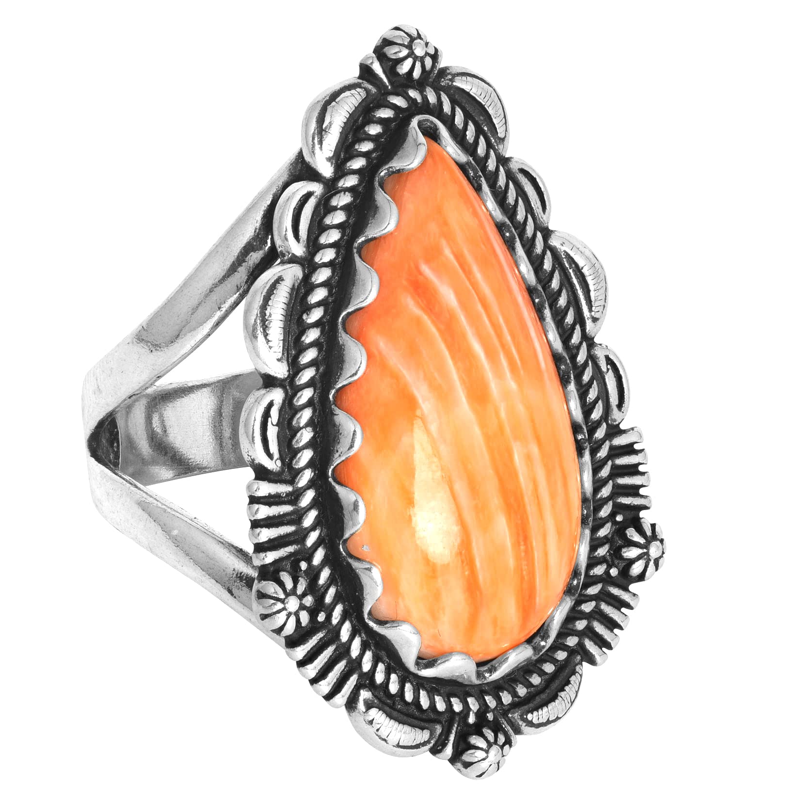 American West Sterling Silver Women's Statement Ring Orange Spiny Gemstone Size 8