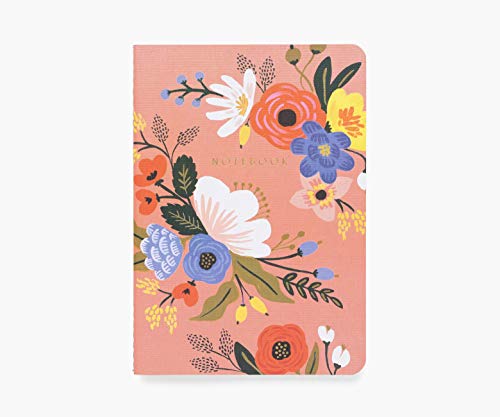 RIFLE PAPER CO. Lively Floral Stitched Notebook Set, Set Of 3 Notebooks, 64 Ruled Pages With Gold Ink, Canvas Paper Cover With White Text Paper Interior