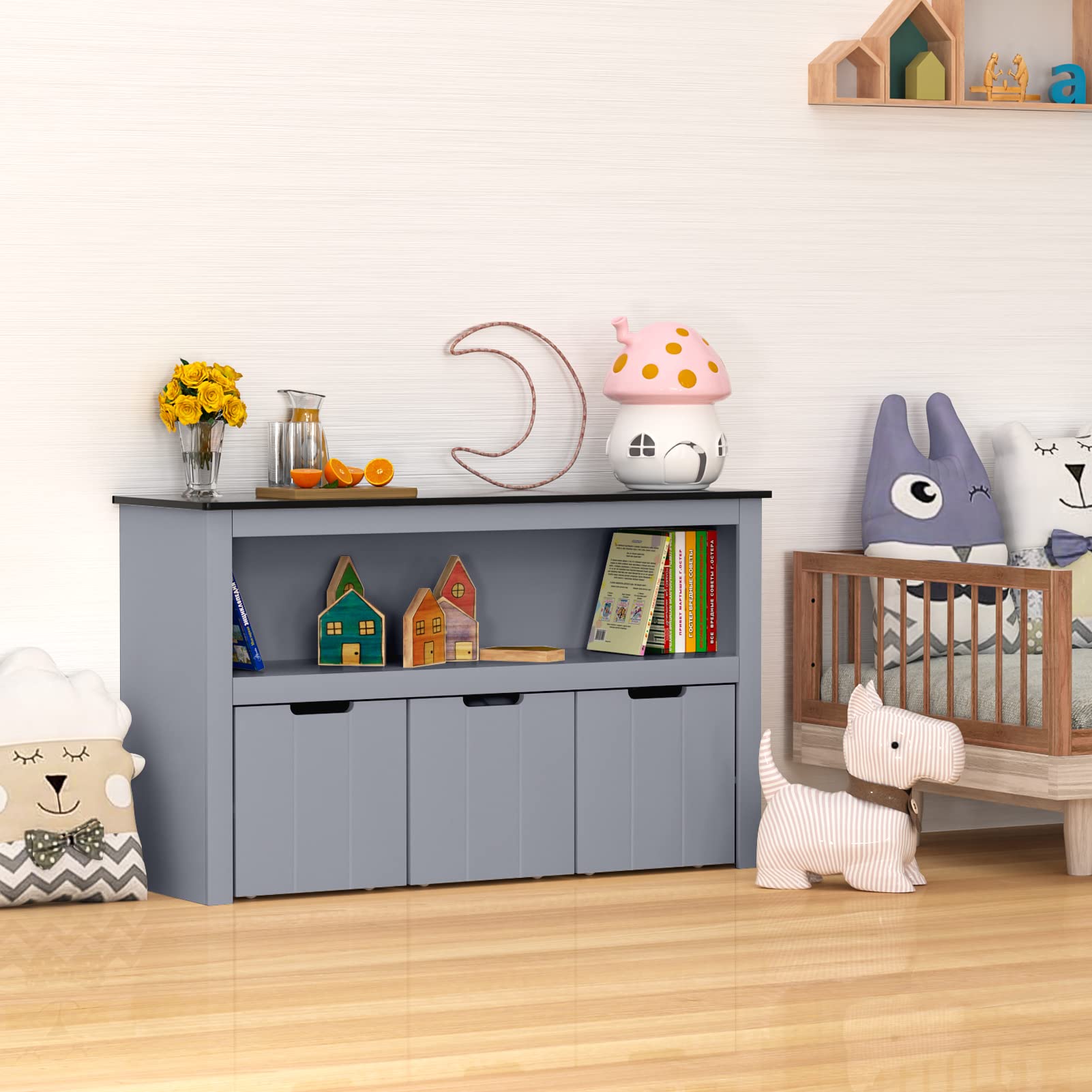 AUXSOUL Toy Storage Organizer - Kids Toy Organizers with Blackboard - 3 Storage Bins and Open Shelf - Suitable for School Classroom, Children's Room, Playroom, Hallway(Grey)