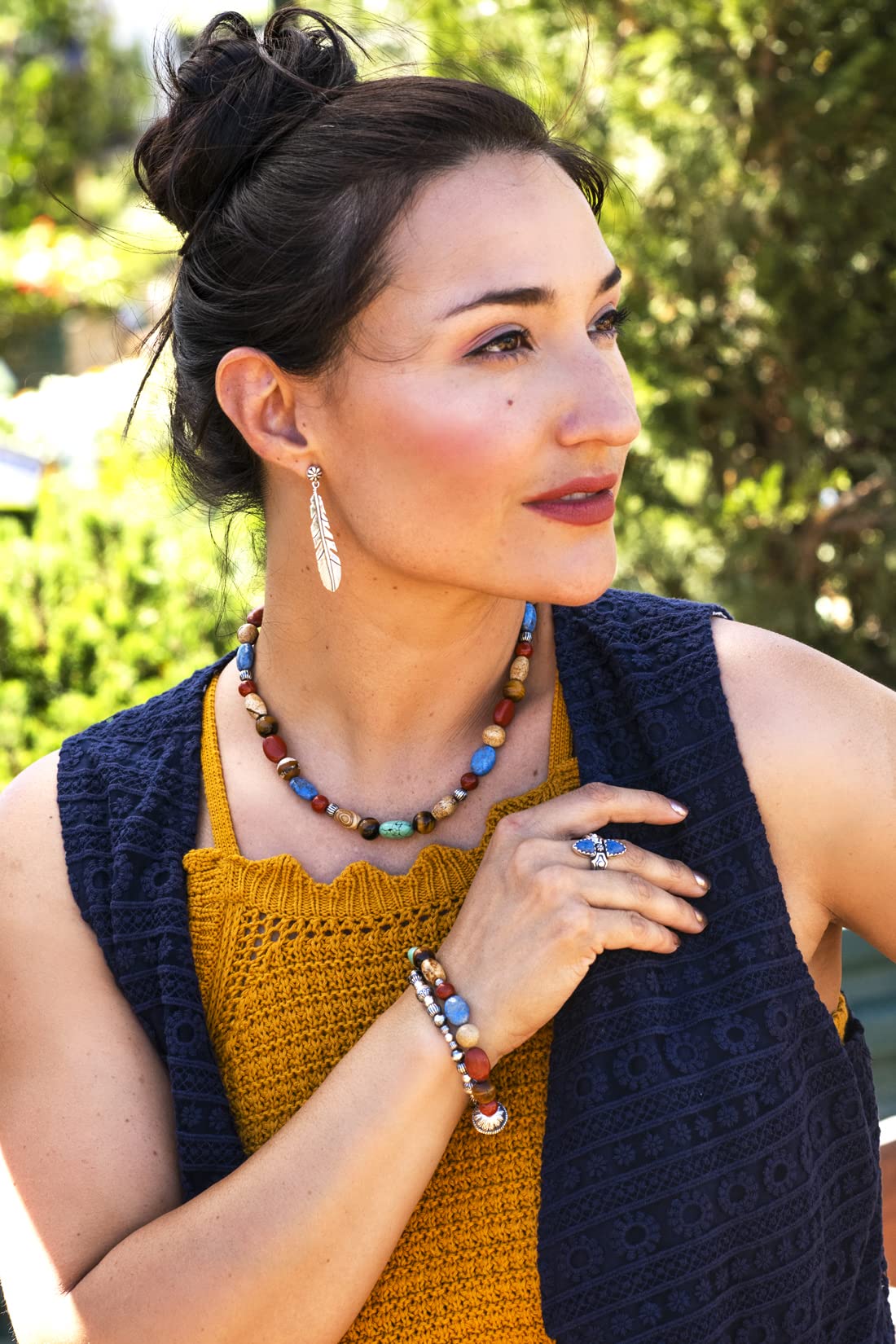 American West Sterling Silver Earth Tone Gemstone Beaded Magnetic Women's Strand Necklace 17 Inch