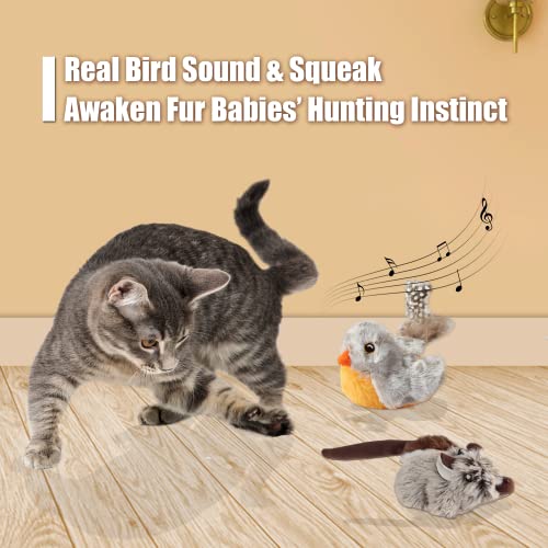 Cat Toys 2 PCS Interactive for Indoor Cats Automatic Squeaking Mouse and Feather Bird Melody Sound Chaser Set Lifelike Plush Electronic Kitty Toy (Grey)