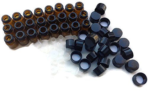 HS HEALTHY SOLUTIONS GLASSWARE WWW.EOILGLASSWARE.COM 1/4 Dram (1ml) AMBER Glass Vial (144)- Flat Black Screw Cap w/Orifice Reducer and Seal - Pack of 144