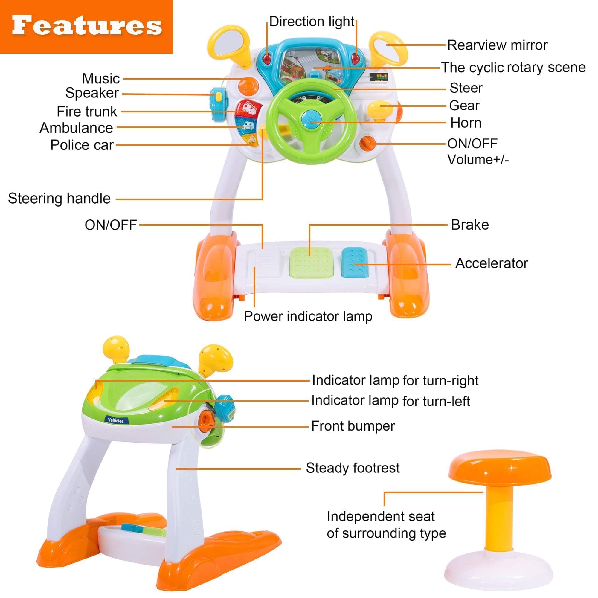 COLOR TREE Kids Pretend Ride on Toy,Steering Wheel Driving Simulate Toys for Toddlers