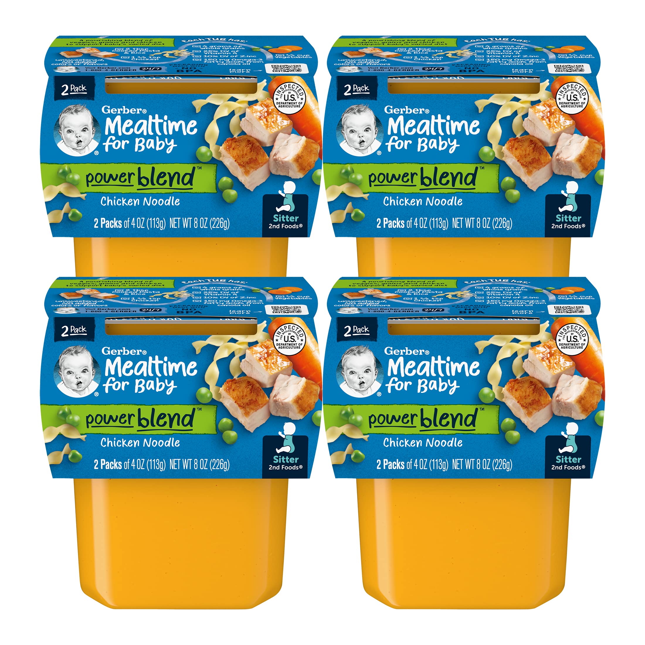 Gerber Mealtime for Baby 2nd Foods Power Blend Baby Food Tubs, Nourishing Blend of Veggies, Grains & Beef, Pureed Baby Food (Pack of 4, Chicken Noodle)