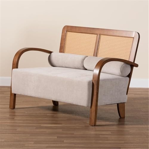 Baxton Studio Sage Modern Japandi Light Grey Fabric and Walnut Brown Finished Wood Loveseat with Woven Rattan
